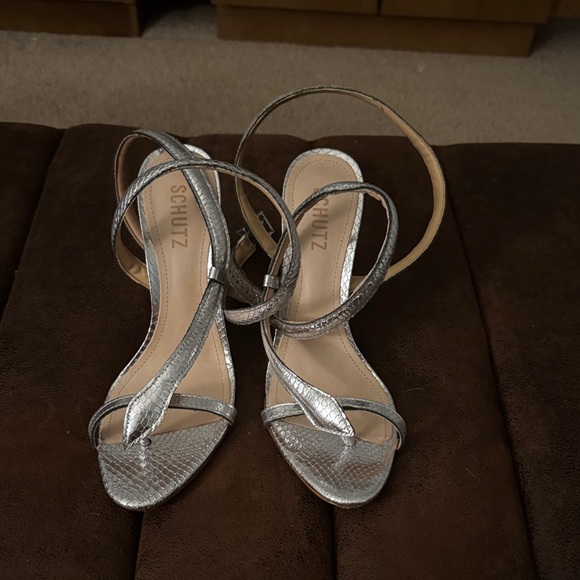 SCHUTZ | Shoes | Schutz Metallic Silver Strappy Heels | Poshmark